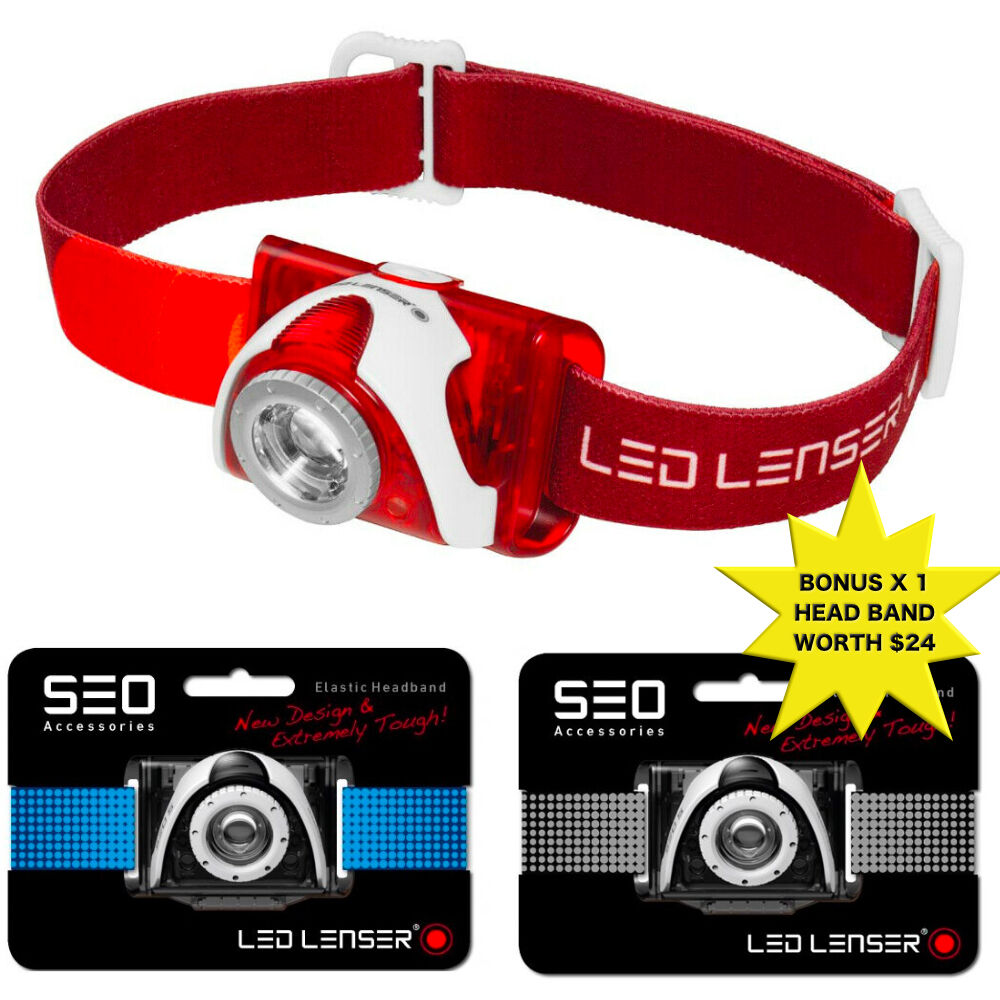 LED LENSER SEO 5 Head Torch Headlamp RED 180 Lumens & Bonus Headband ...